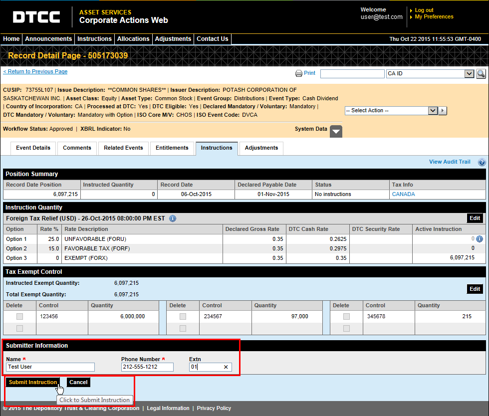 Individual Input of Canadian Tax Exempt Control Numbers