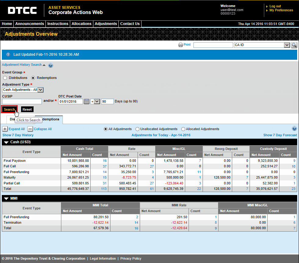 Performing an Adjustment History Search