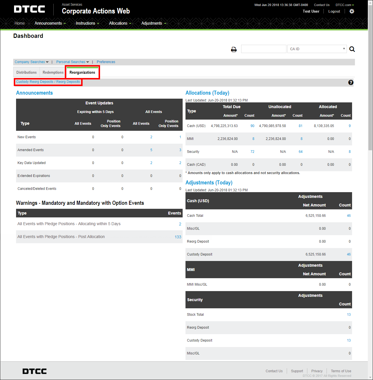 Searching for Custody Reorg or Reorg Deposits