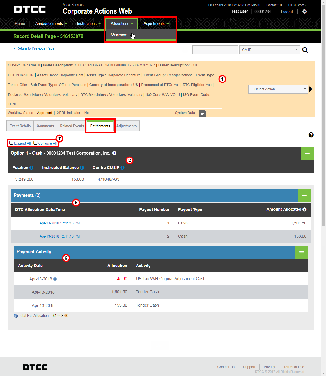 About the Entitlements Tab for Reorganization Events