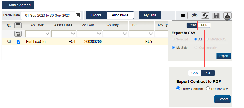 CTM User Interface: Export a Contract or Tax Invoice to PDF