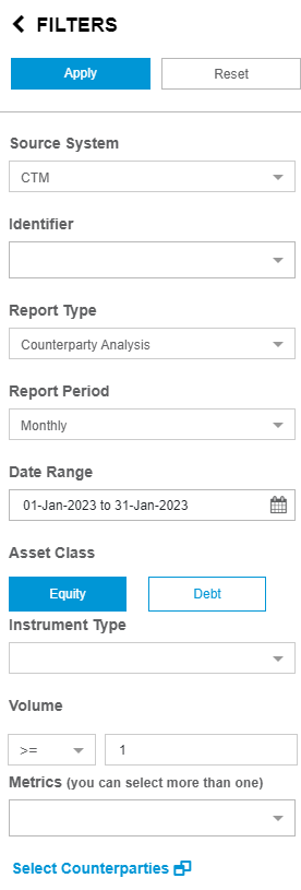 Manage Filters - Counterparty Analysis Report