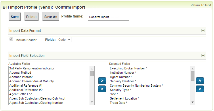 TradeSuite ID BTI Import Profile Page
